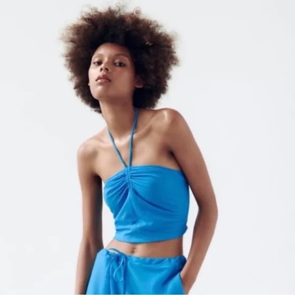 Zara | Tops | Nwt Zara Ruched Cropped Halter Top Blue Size S | Poshmark